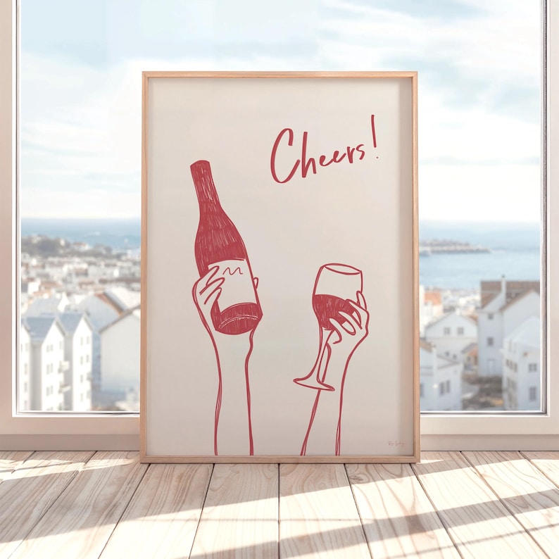 Wine Wall Art Print - Cheers Poster With Wine Bottle & Glass - Wine ...