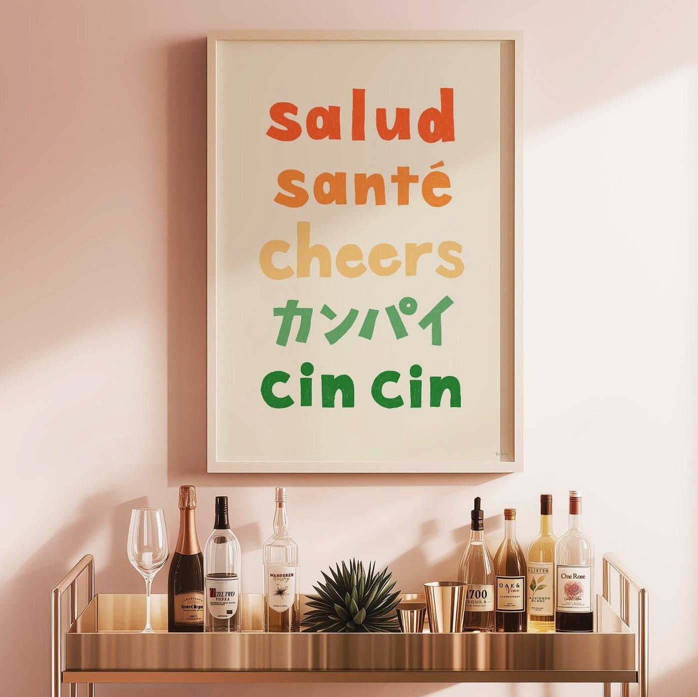 Cheers Salud Kanpai Bar Art Print - Gift for Wine Lovers and Bar Decor ...