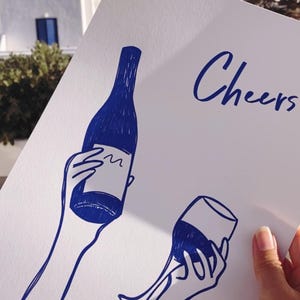 Wine Wall Art Print - Cheers Poster With Wine Bottle & Glass - Wine ...