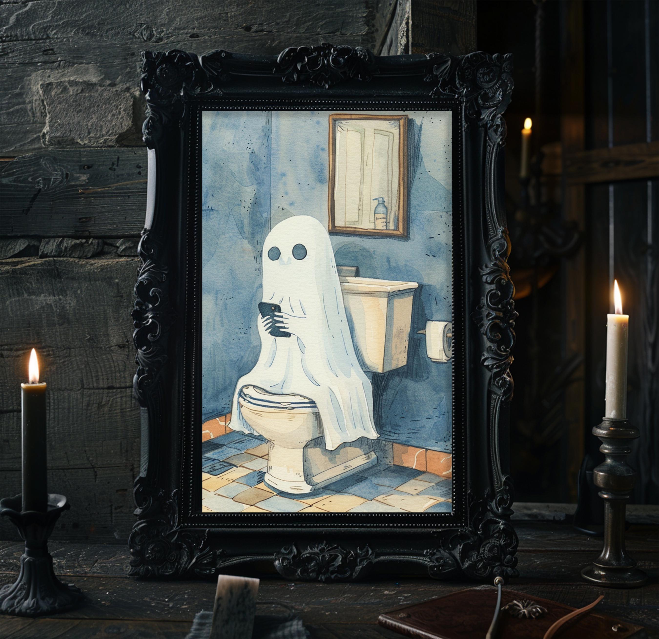 Funny Ghost Bathroom Watercolor Print, Halloweentown Decor (digital ...