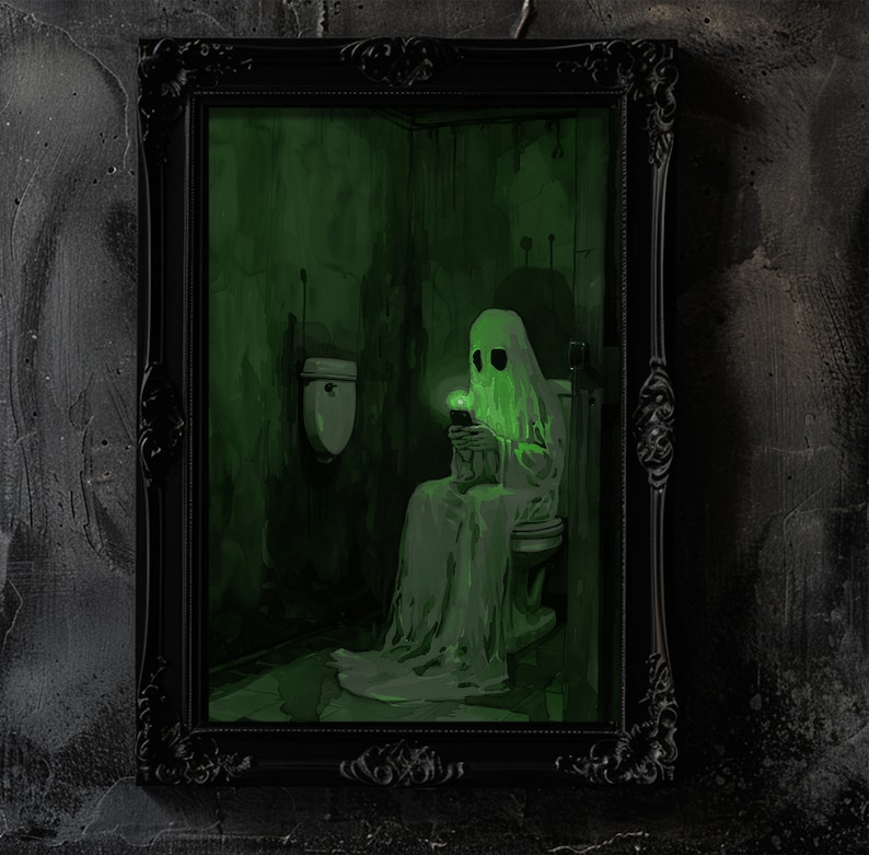 Ghost Doom Scrolling on Toilet, Ghost Bathroom Painting, Ghost Bathroom ...