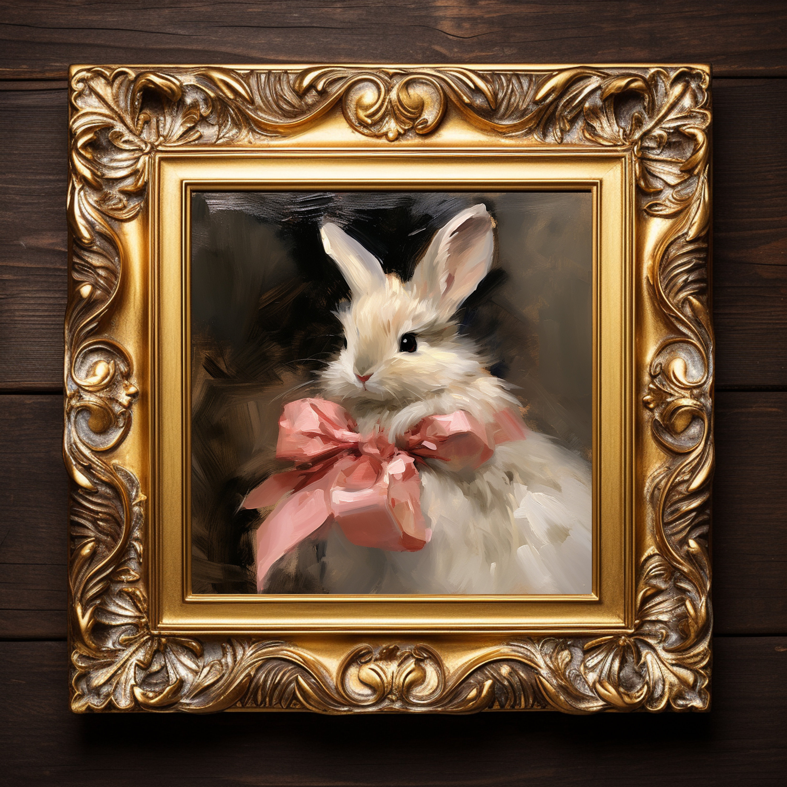 White Bunny With Pink Bow Painting, Dark Easter Decor (digital Download ...