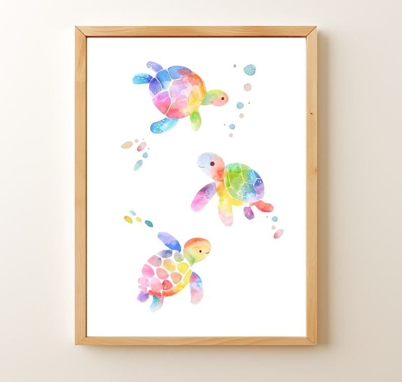 Baby Sea Turtle Wall Art, Under the Sea Kids Room Prints, Rainbow ...