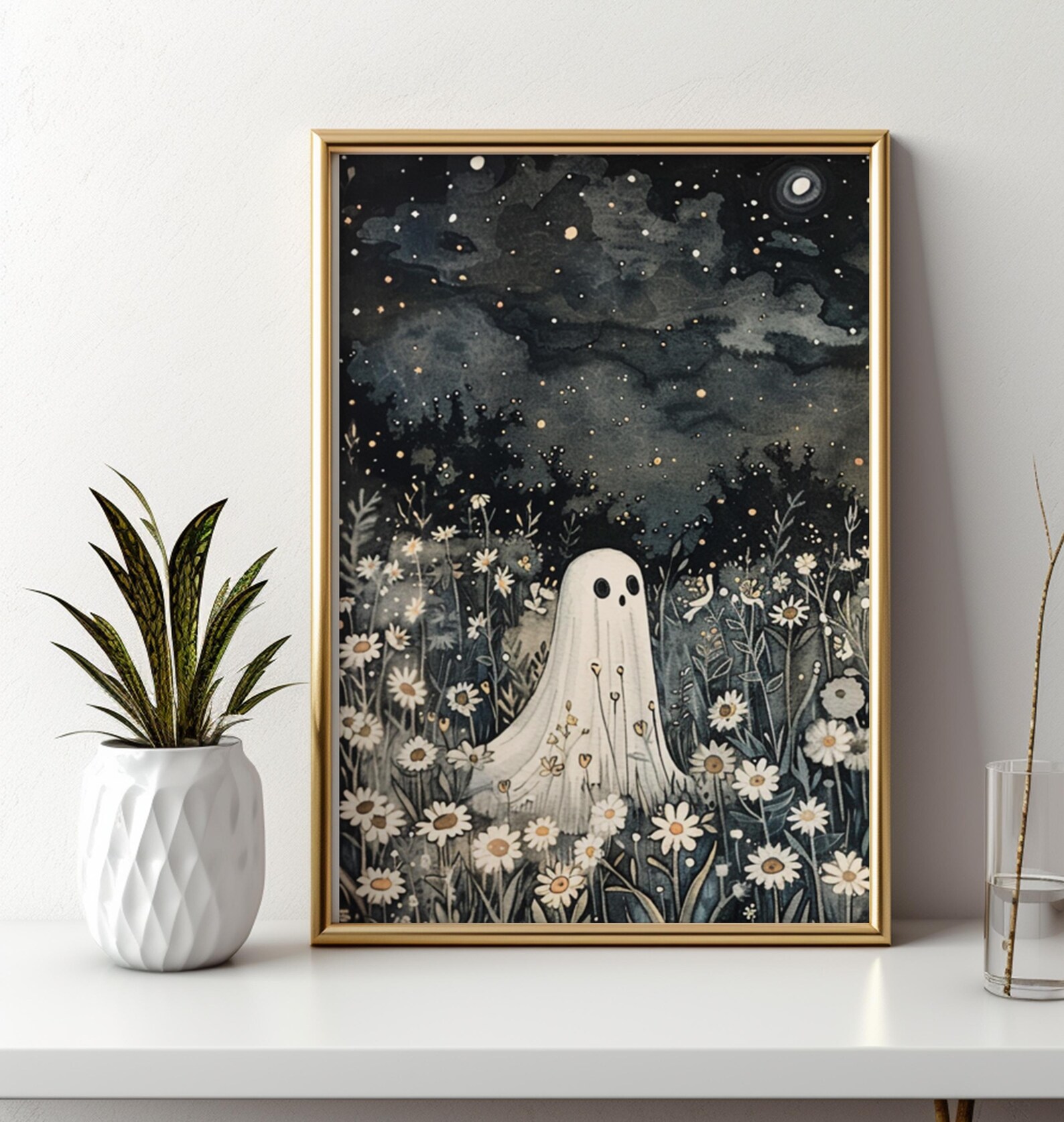 Cute Ghost in Field of Flowers, Samhain Decor, Whimsigoth Decor Ghost ...