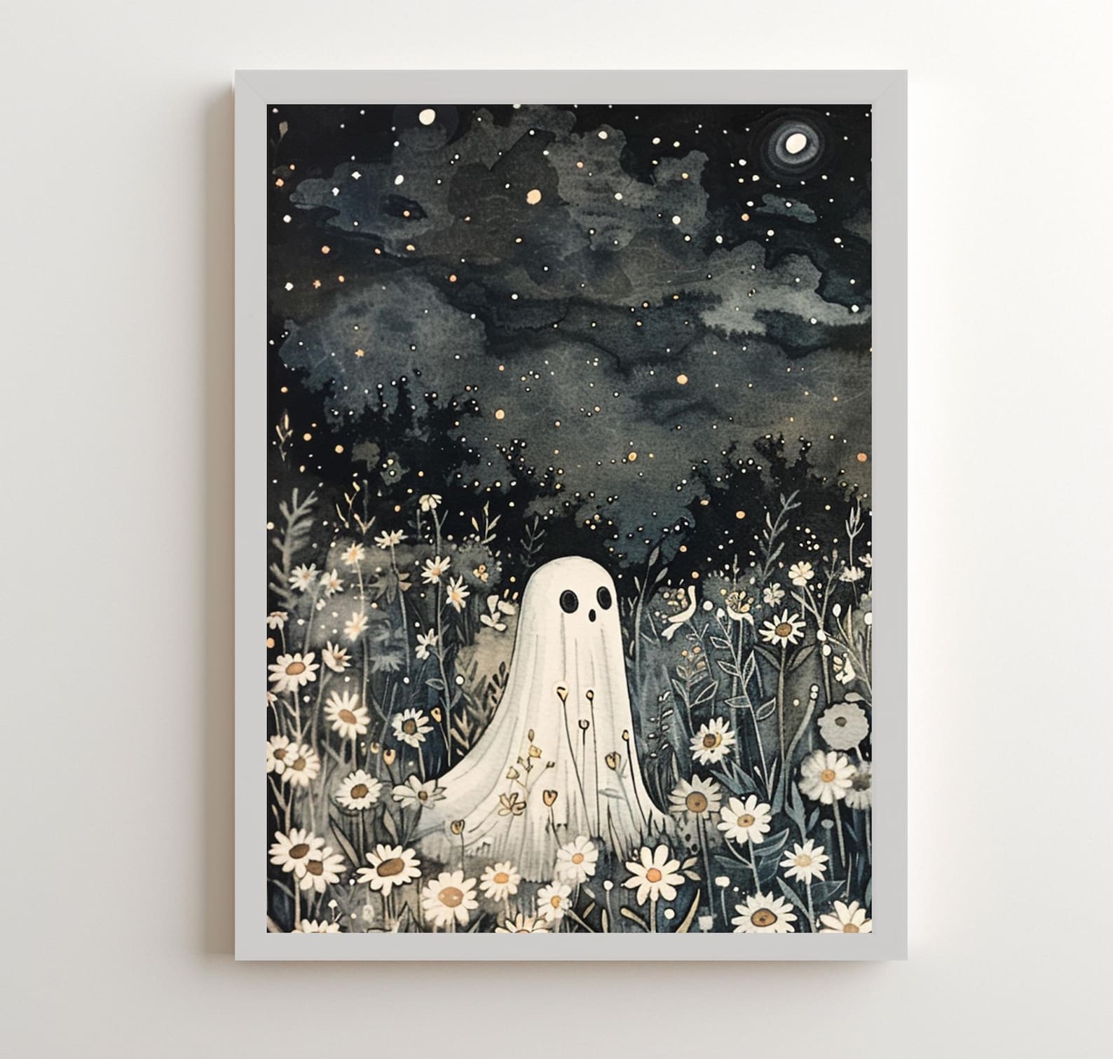 Cute Ghost in Field of Flowers, Samhain Decor, Whimsigoth Decor Ghost ...