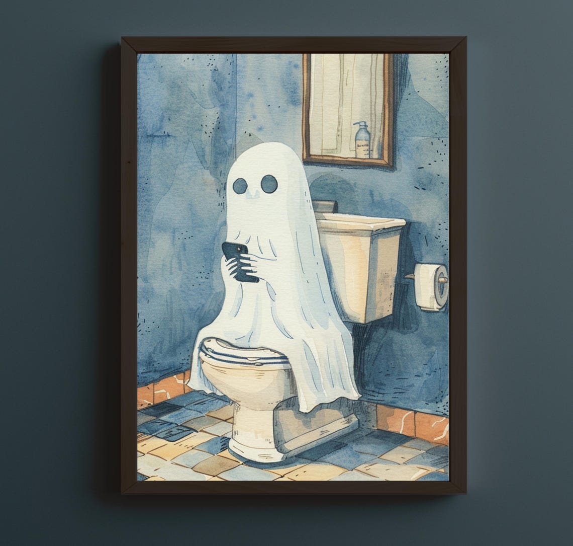 Funny Ghost Bathroom Watercolor Print, Halloweentown Decor (digital ...