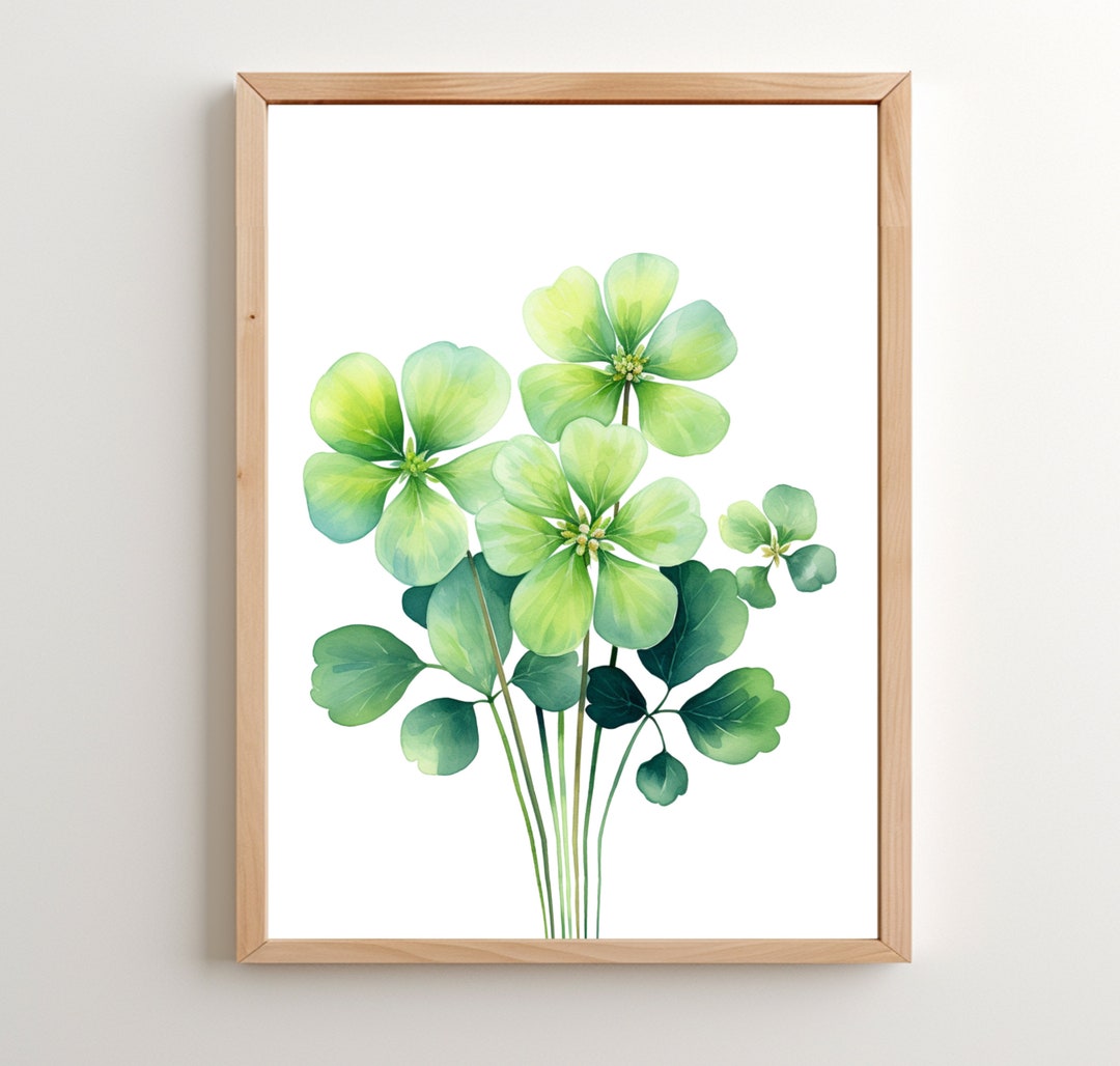 Watercolor Shamrock Print, Lucky Four Leaf Clover, St Patricks Day ...