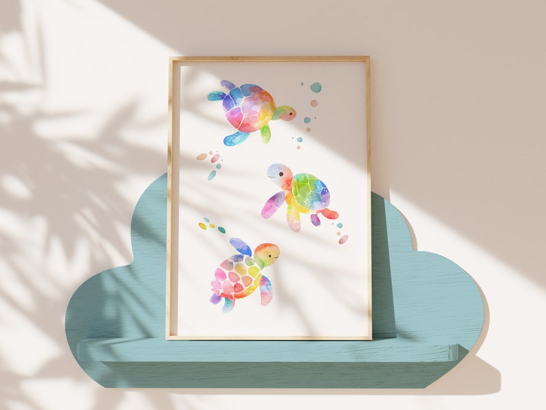 Baby Sea Turtle Wall Art, Under the Sea Kids Room Prints, Rainbow ...