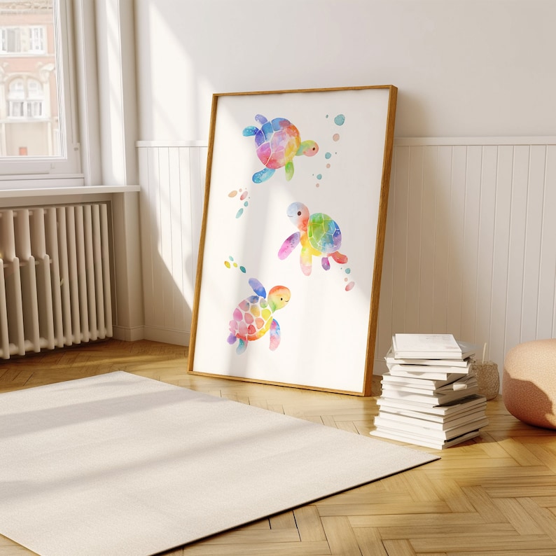 Baby Sea Turtle Wall Art, Under the Sea Kids Room Prints, Rainbow ...