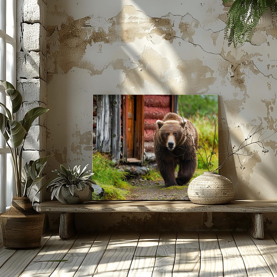 Grizzly Bear Rustic Cabin Scene • Wilderness Path Nature Print • Wild ...