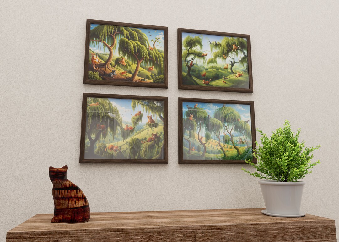 Weeping Willow Art Print, Kawaii Cat Print, Cat Nap Print, Orange Tabby ...