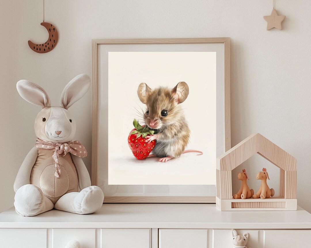 Nursery Mouse Print, Cute Woodland Mouse Print, Baby Mouse Eating Print ...