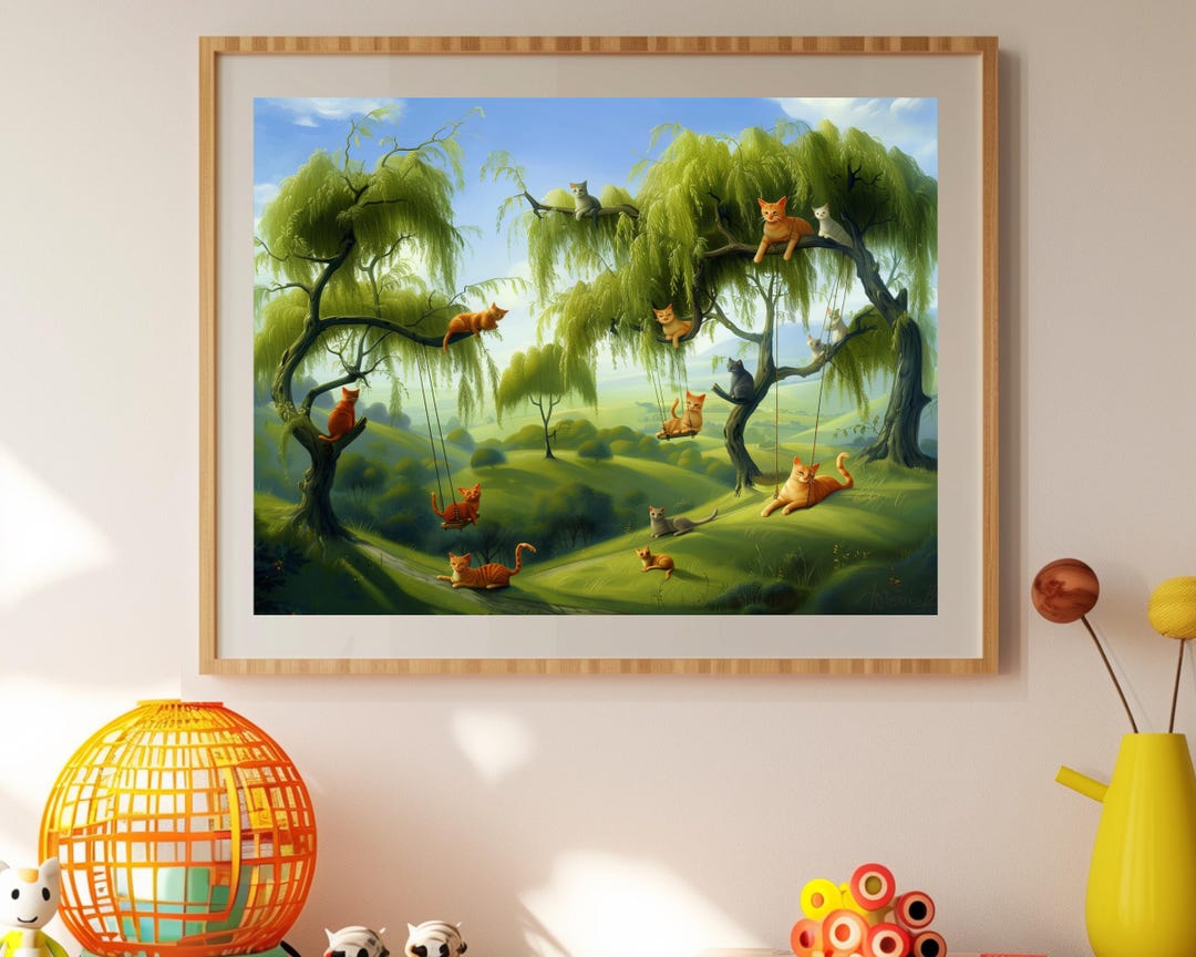 Weeping Willow Art Print,cat Sanctuary, Kawaii Cat Print, Cat Nap Print ...