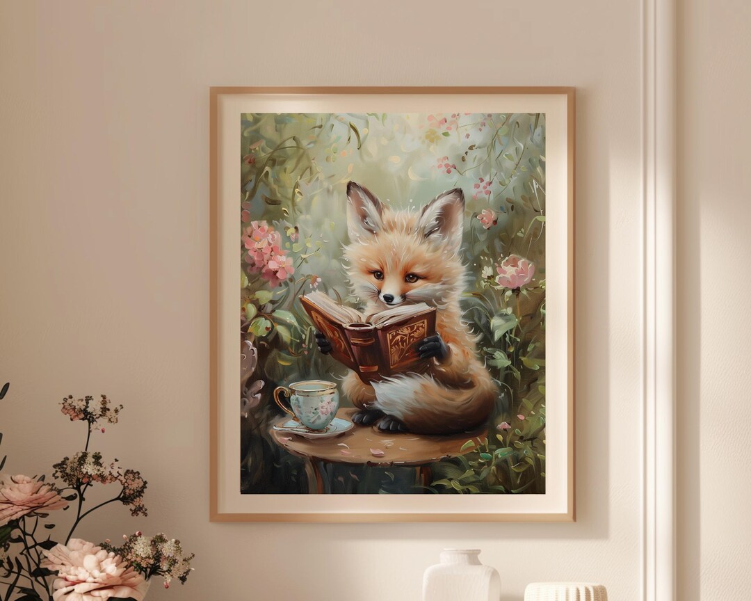 Reading Fox Book Art, Fox Book Print, Bookish Poster, Cottagecore ...