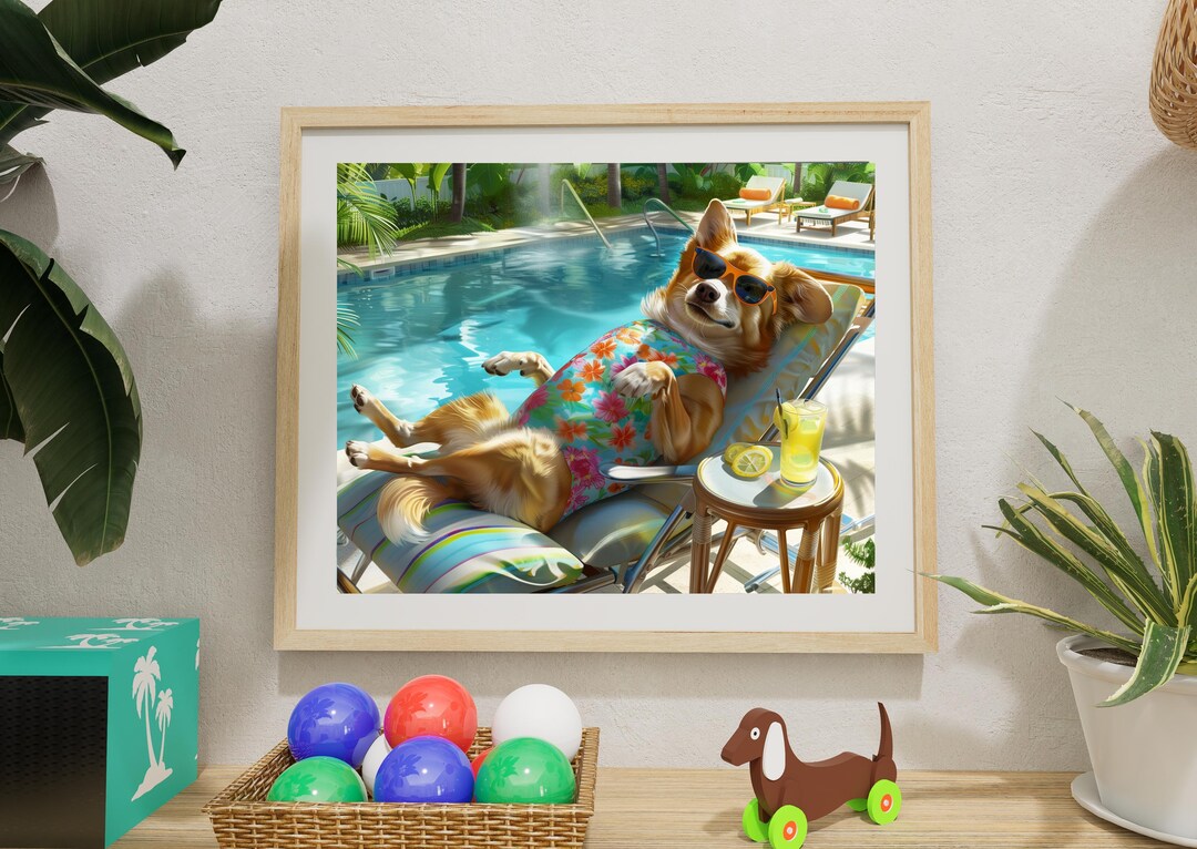 Dogs Lounging at the Pool, Dogs Pool Party Print, Dogs in Sunglasses ...