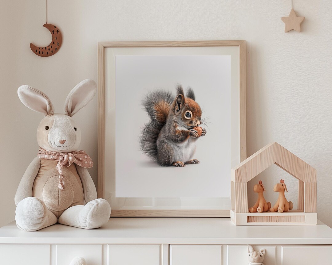 Squirrel Eating Nut Print, Cute Woodland Animals Prints, Baby Squirrel ...