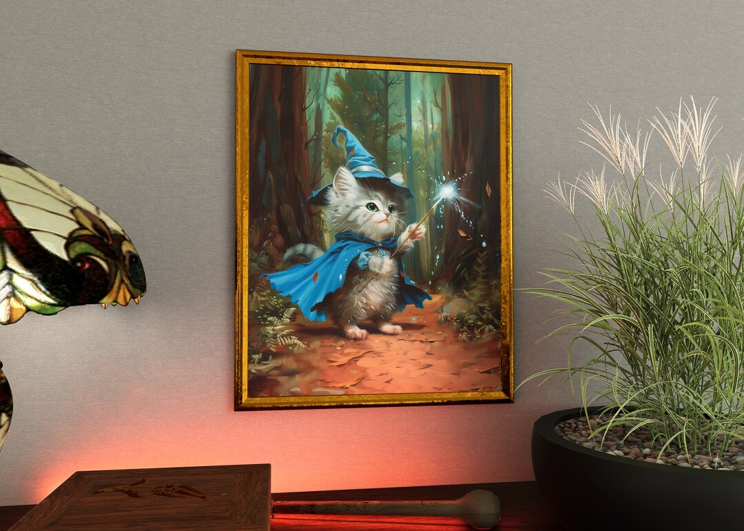 Kids Bedroom Wizard Art, Cat Wizard Art Print, Kitten Sorcerer, Cat ...