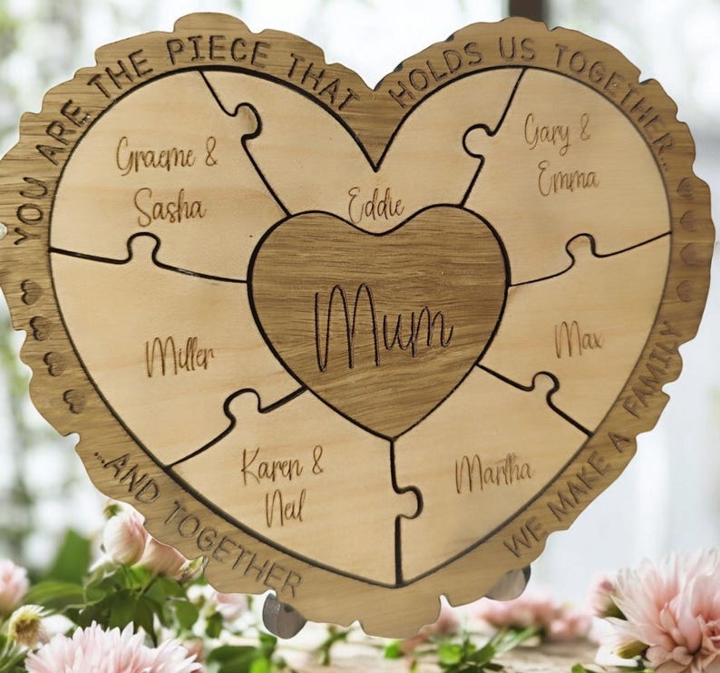 Rustic Wooden Heart Puzzle: Personalized Family Keepsake With Stand - Etsy