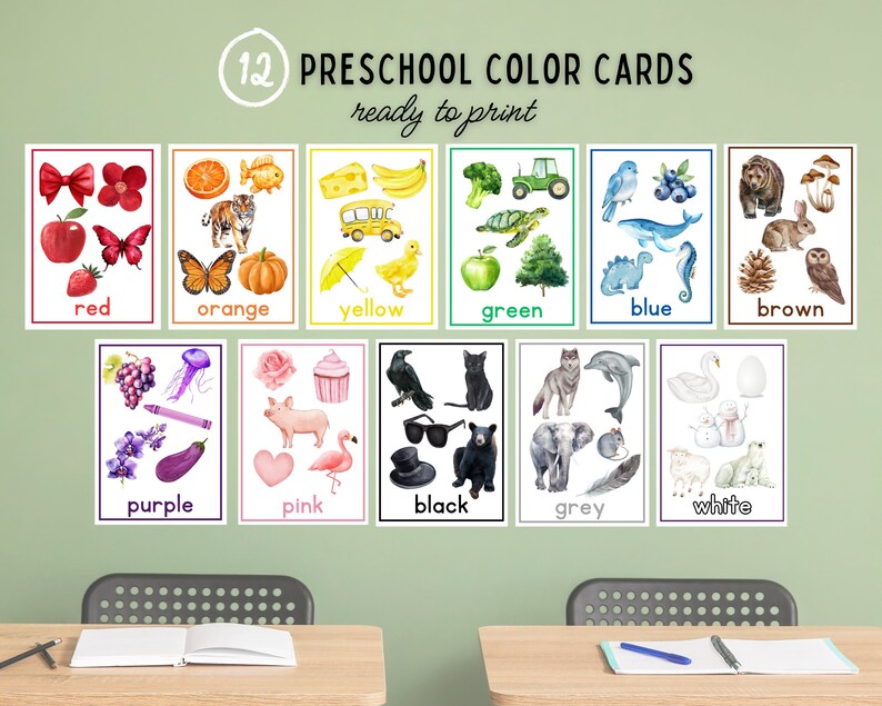 12 Color Flash Cards, Color Posters, Preschool Montessori Materials ...