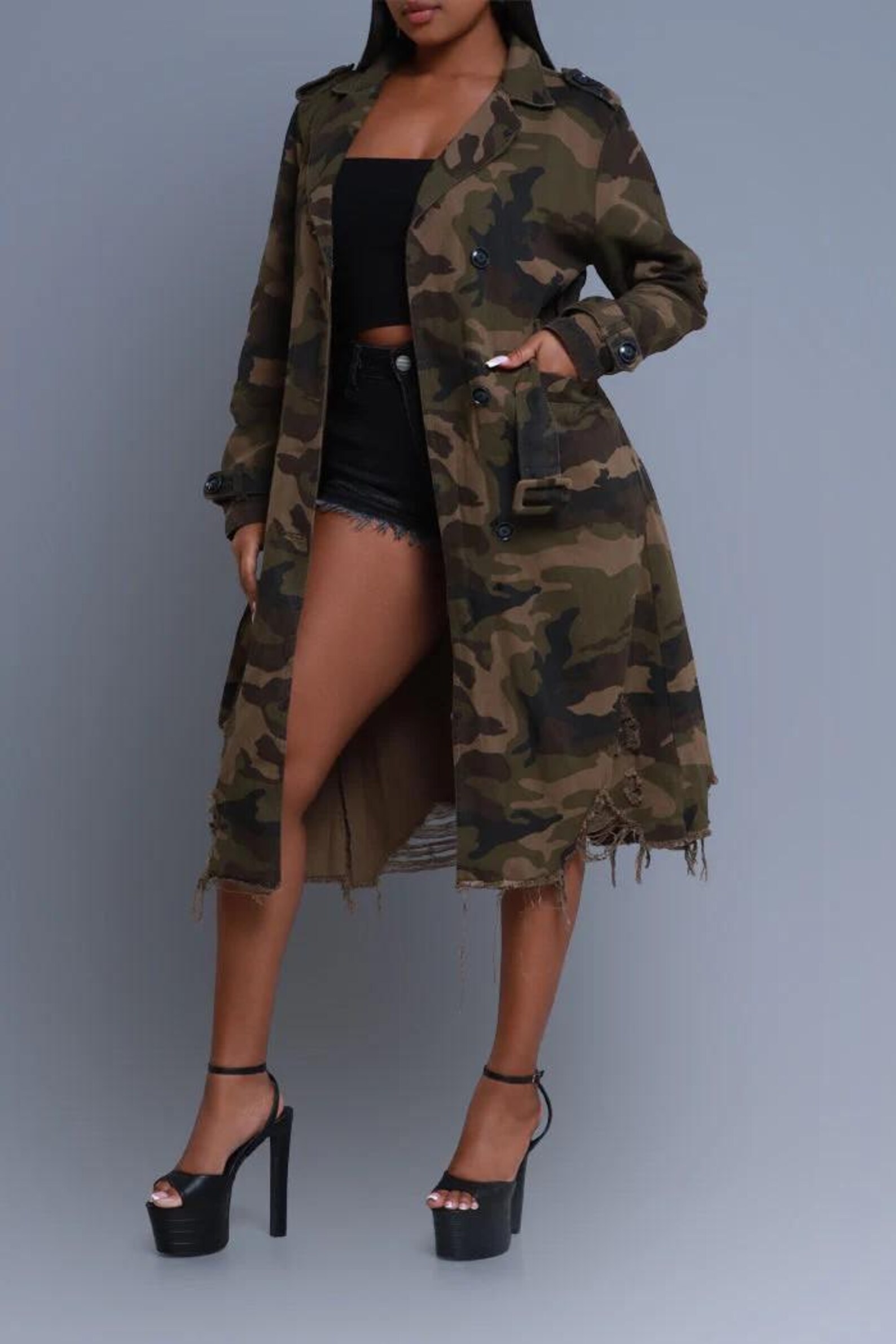 Twill Camo Coat With Belt, Camouflage Stylish Hand Crafted Frayed ...