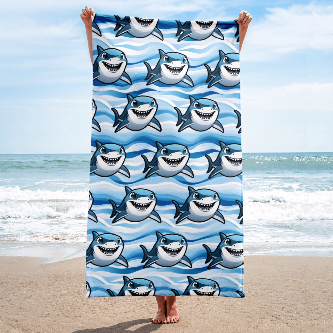 Cartoon Shark Beach Towel, Shark Bath Towel, Shark Lover Gift ...