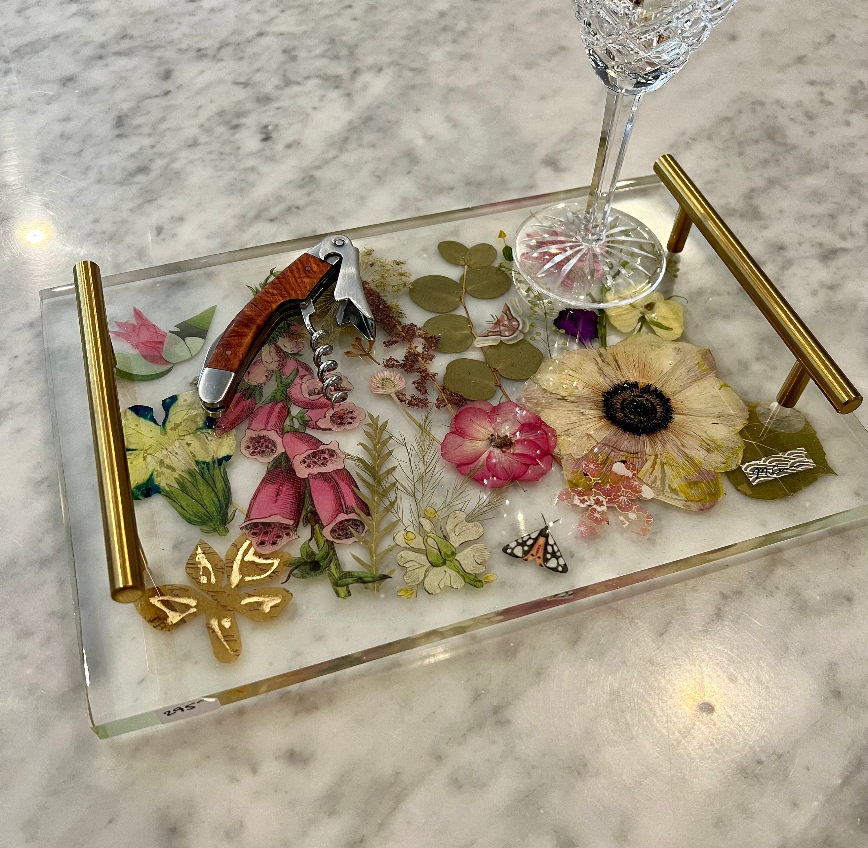 Resin Tray With Pressed Flowers and Paper Art, Gold Handles - Etsy