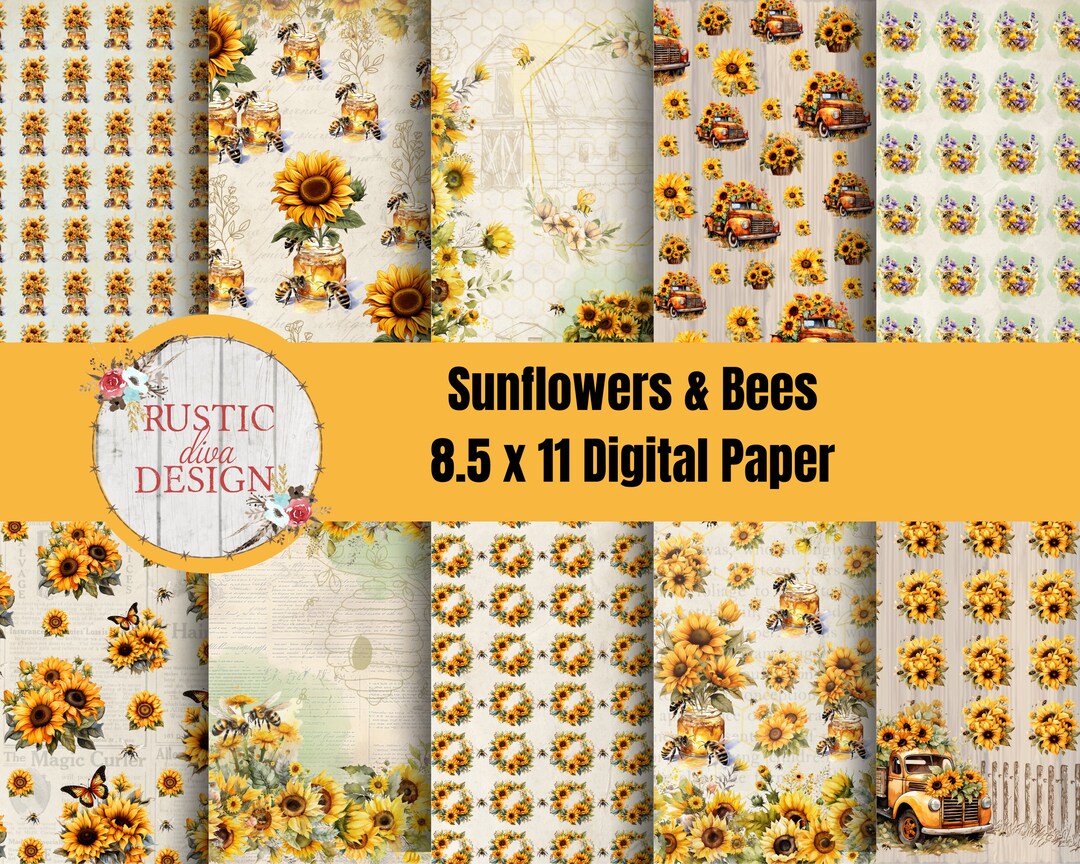 Sunflowers & Bees Digital Paper Bundle, Printable Paper, Digital ...