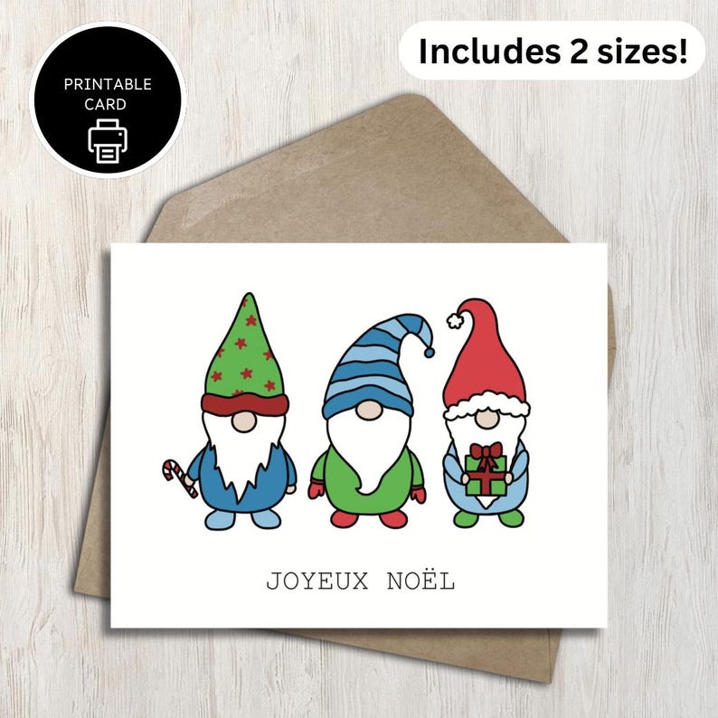 Printable Gnome Themed French Merry Christmas Card - Joyeux Noel - 3 ...