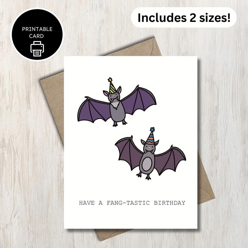 Have A Fang-tastic Birthday - Printable Bat Themed Birthday Card - Cute ...