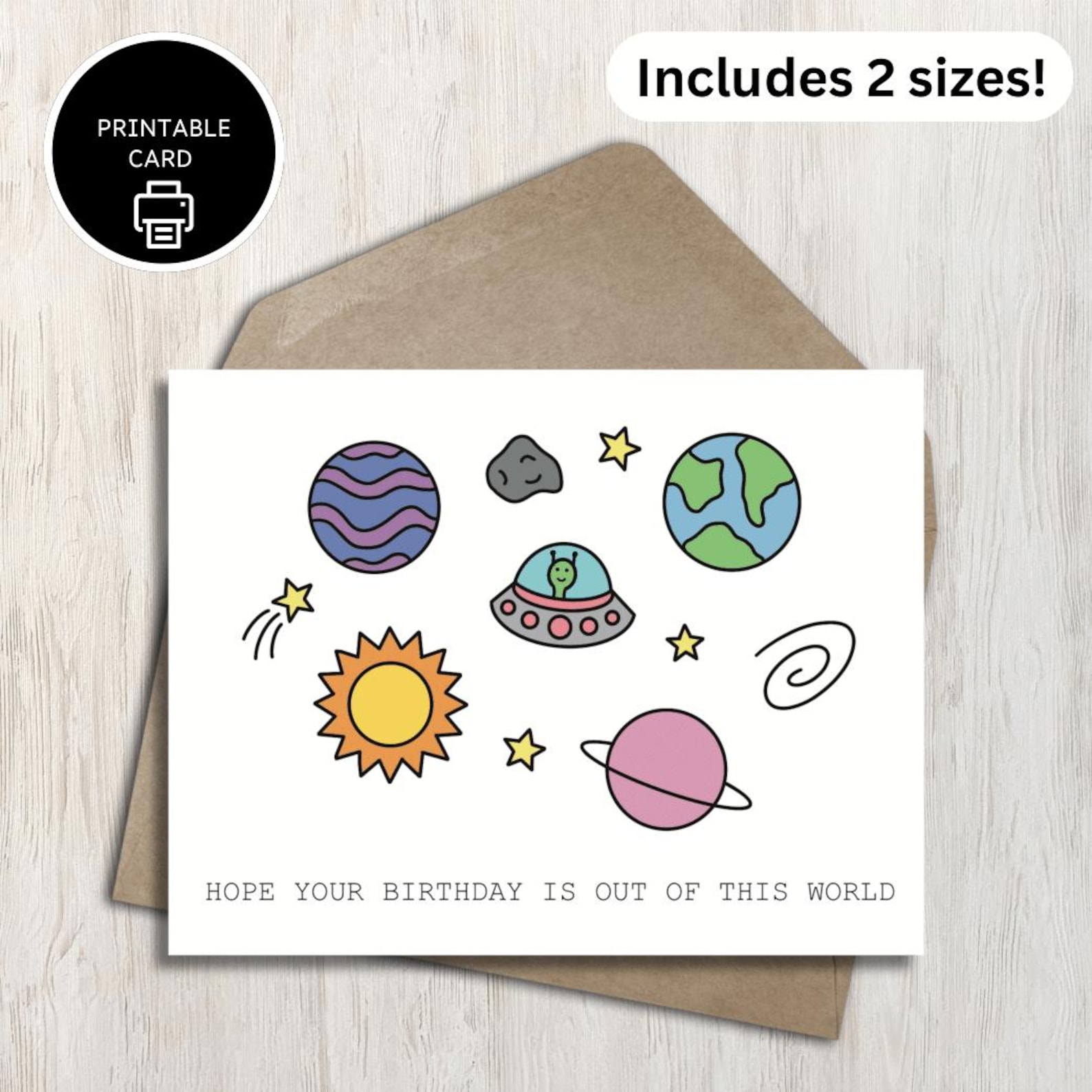 Printable Space Themed Birthday Card - Out of This World - Planet Alien ...
