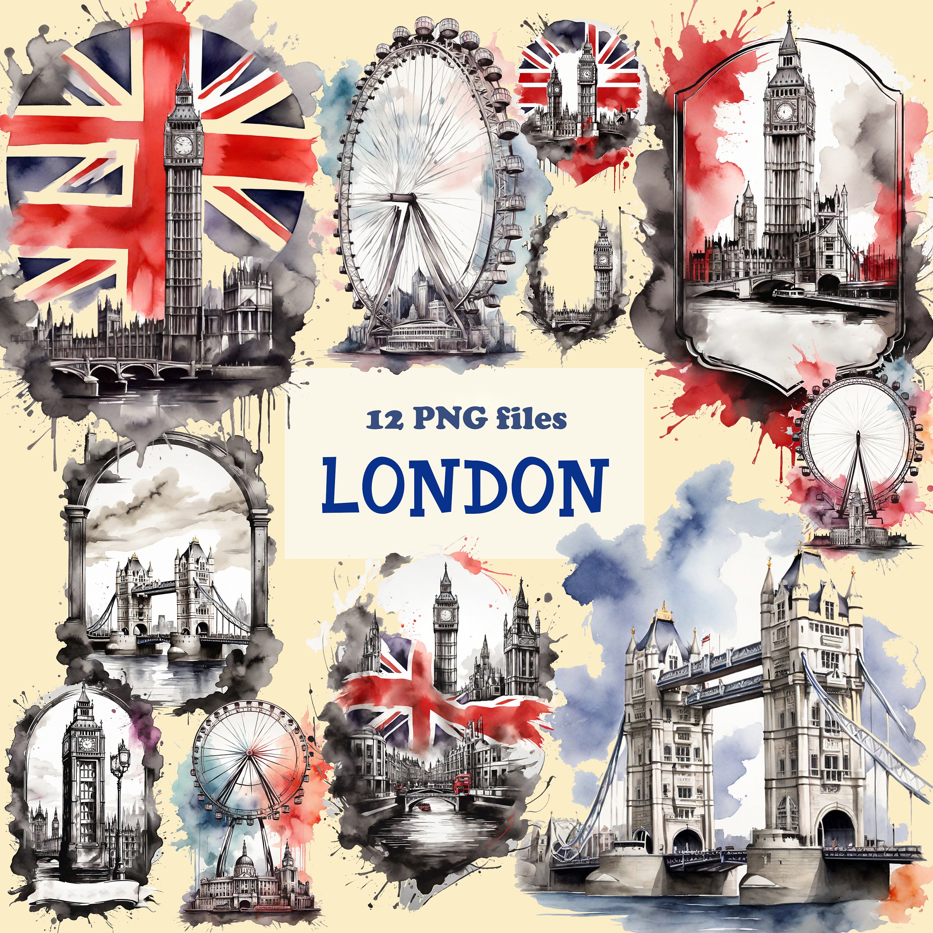12 PNG London Watercolor Clipart, Digital Download, Bing Ben, London ...