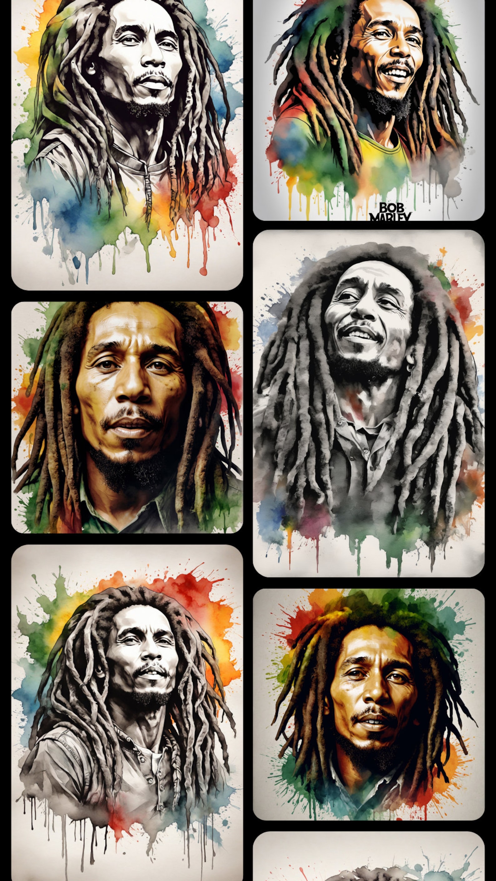 Bob Marley Watercolor Clipart: Reggae Portrait PNG, JPEG (set of 10 ...