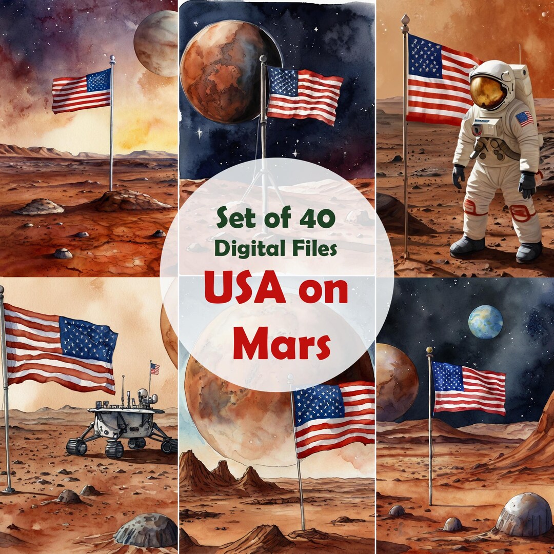 Set of 40 Digital USA on Mars, Flag on Mars, Postcard, Digital Download ...