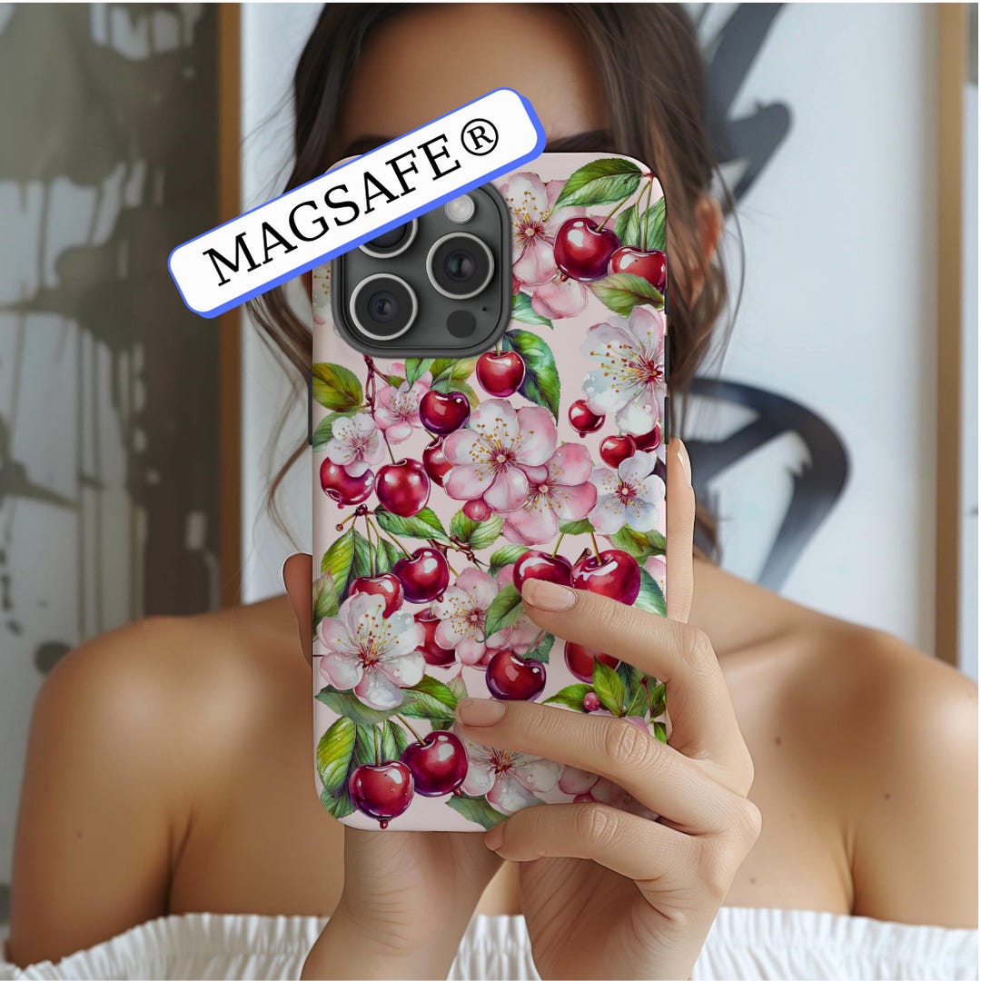 Cute Cherries Coquette Magsafe® iPhone Case, Pretty Pink Floral Tough ...