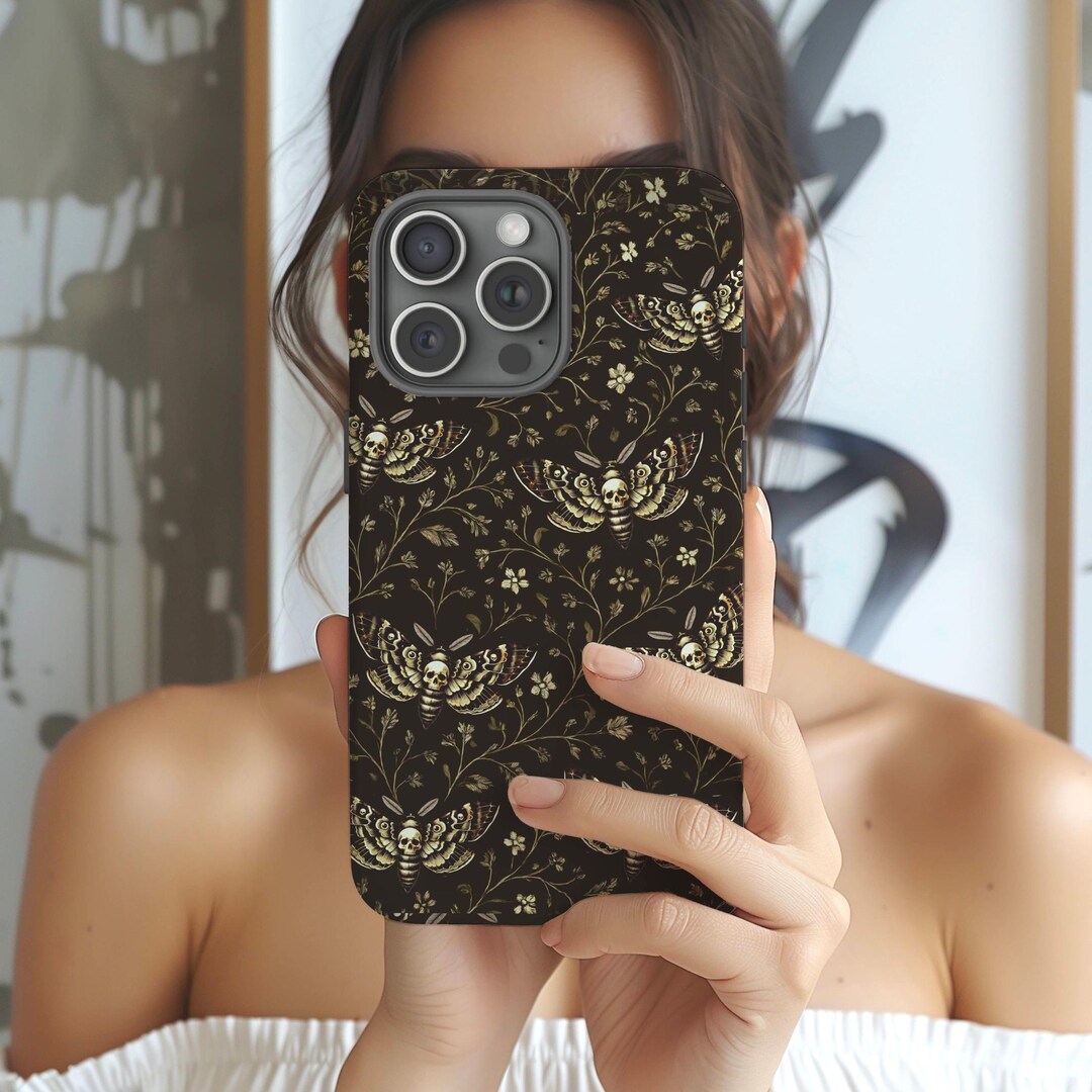 Goth Horror Death Head Moths iPhone Tough Case, Moody Cottagecore Dark ...