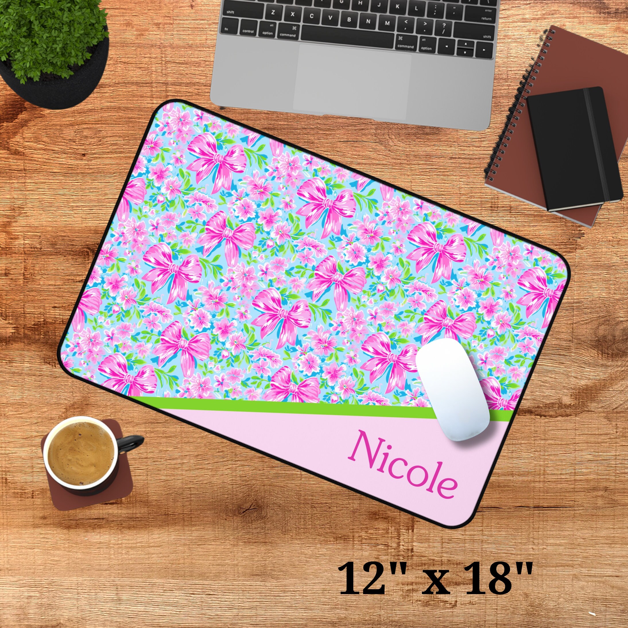 Custom Coquette Desk Mat, Preppy Pink Bows, Personalized Girly Pink ...