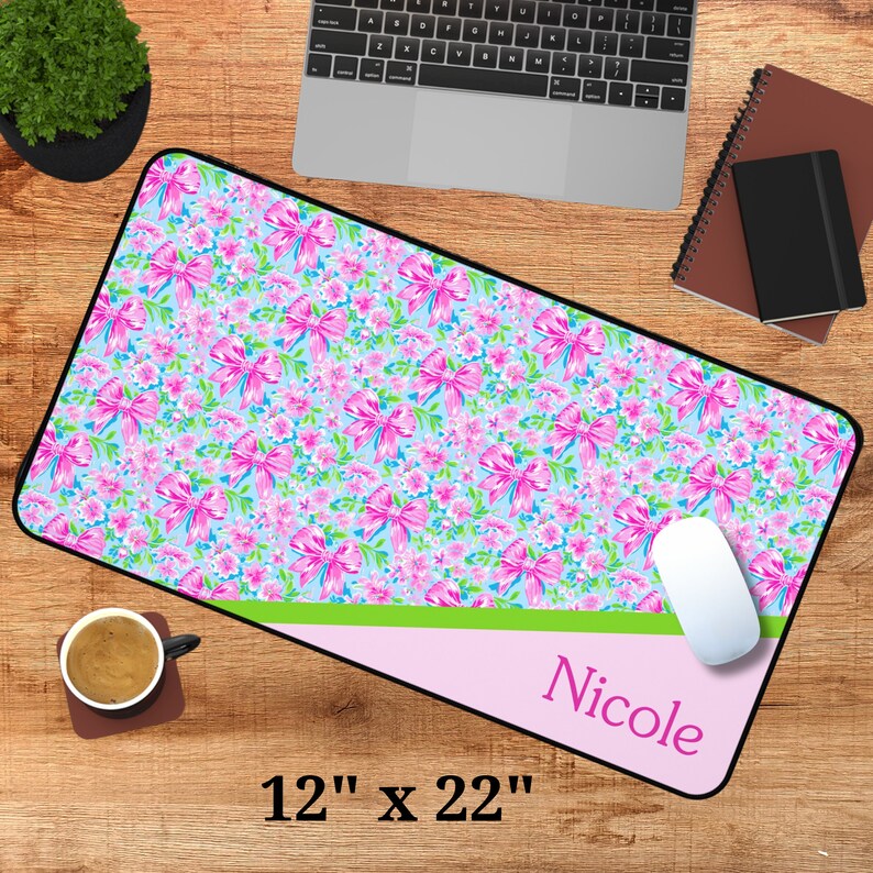 Custom Coquette Desk Mat, Preppy Pink Bows, Personalized Girly Pink ...