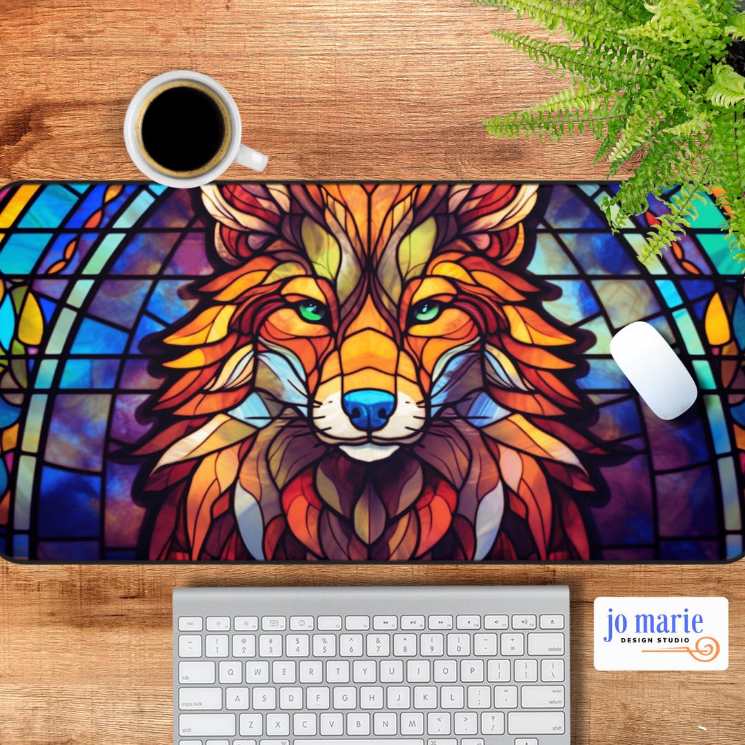 Stained Glass Look, Fantasy Wolf Desk Mat, Dorm Room Gamer, Home Office ...