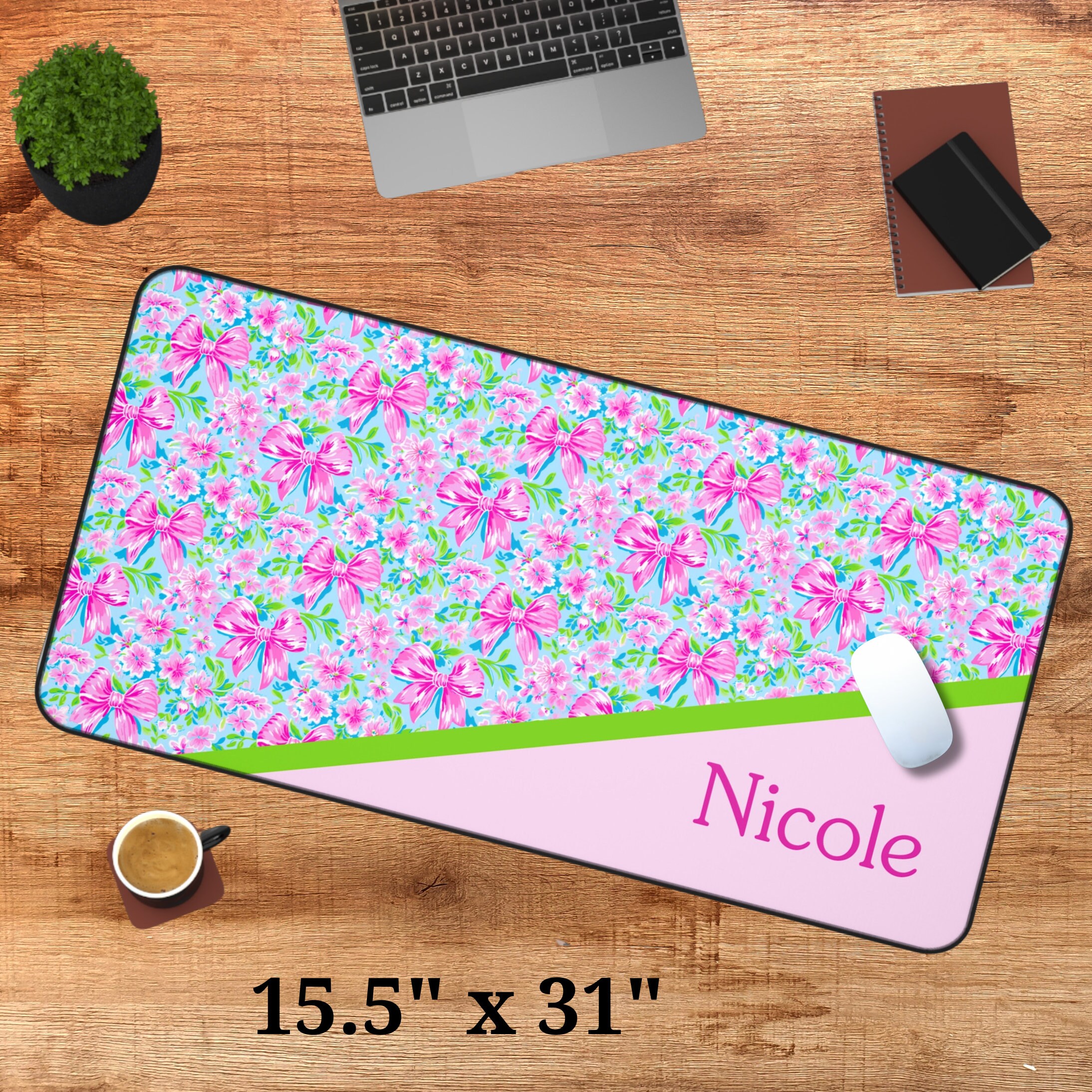Custom Coquette Desk Mat, Preppy Pink Bows, Personalized Girly Pink ...