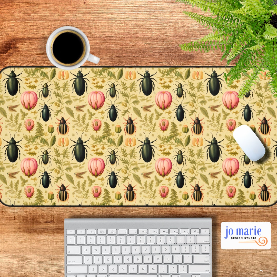 Botanical Bugs Gaming Desk Mat Beetles Insects Botany Large No Slip Mousepad Entomology