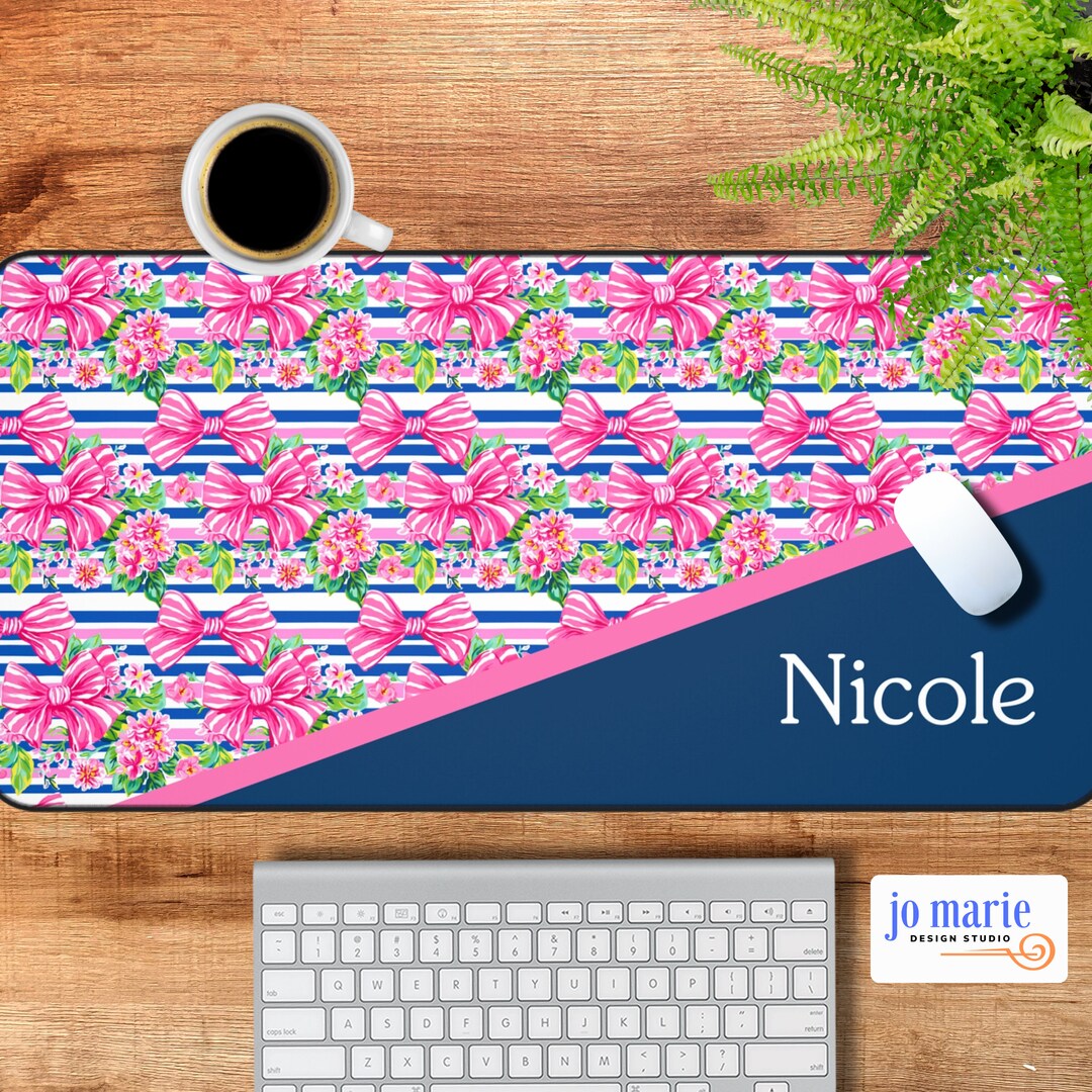 Custom Coquette Desk Mat, Preppy Pink Bows, Personalized Girly Pink ...