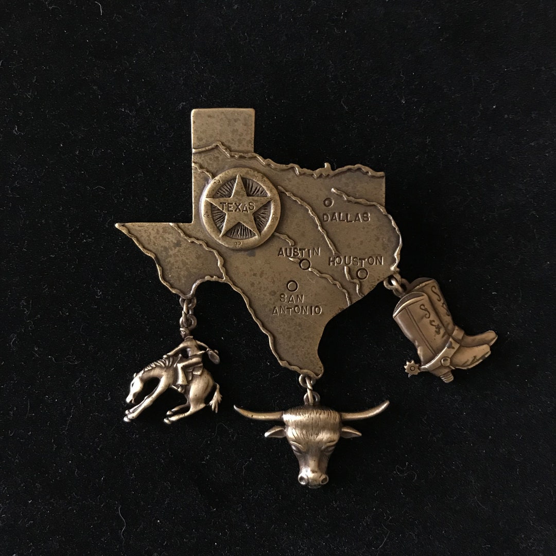 Vintage State of Texas Brooch With Dangle Charms Signed JJ - Etsy