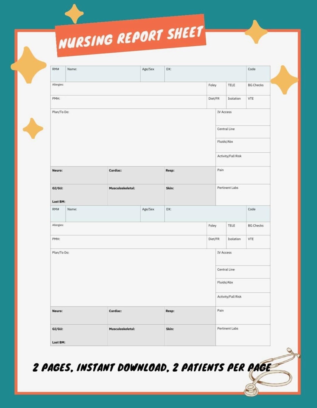 Nursing Report Sheet, Nurse Handoff Report Sheet, Med/surg, Tele, ED ...