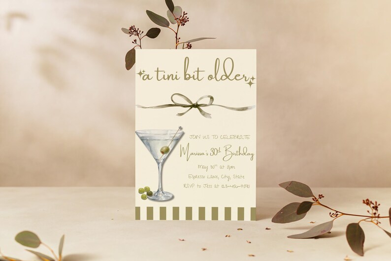 A Tini Bit Older Birthday Invitation | Martini Bow Green Birthday ...