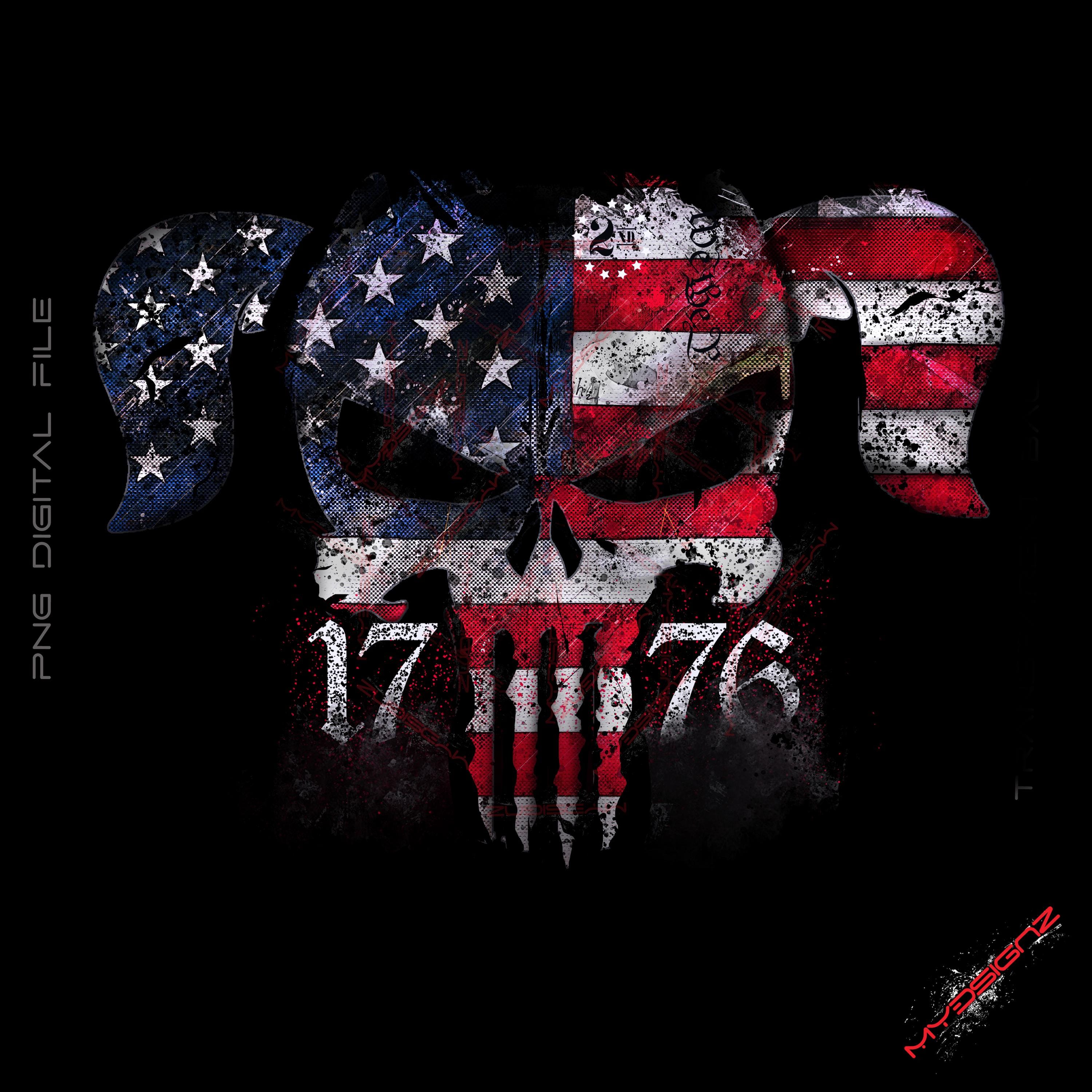 1776 American Flag, Distressed, USA Flag, Punisher Girl Skull, Pigtails ...