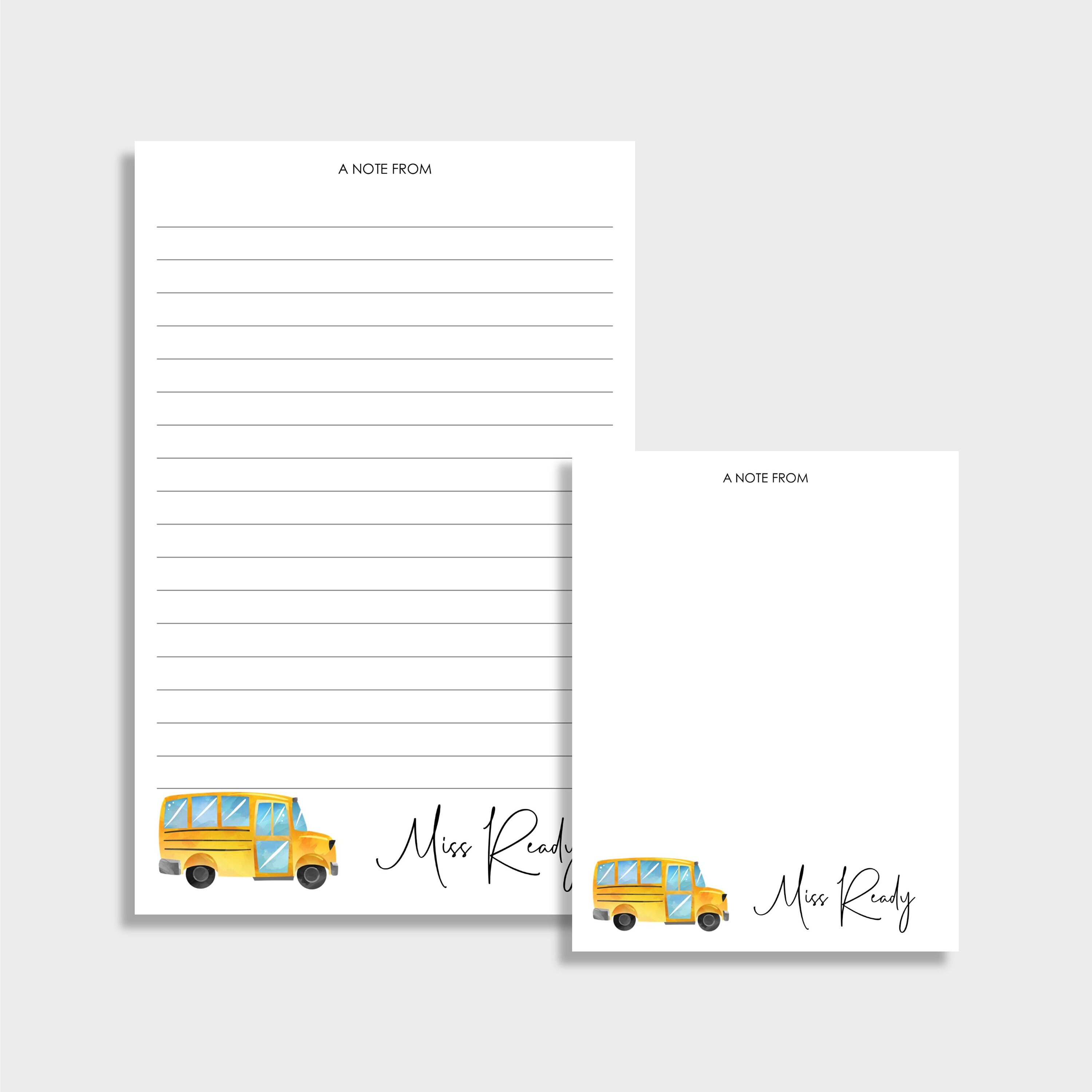 School Bus Personalized Note From Teacher Notepad | Two Sizes: 5.5 X 8. ...