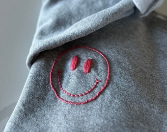 Embroidered Smile Face Crewneck Sweatshirt | Adult Unisex | Hand ...