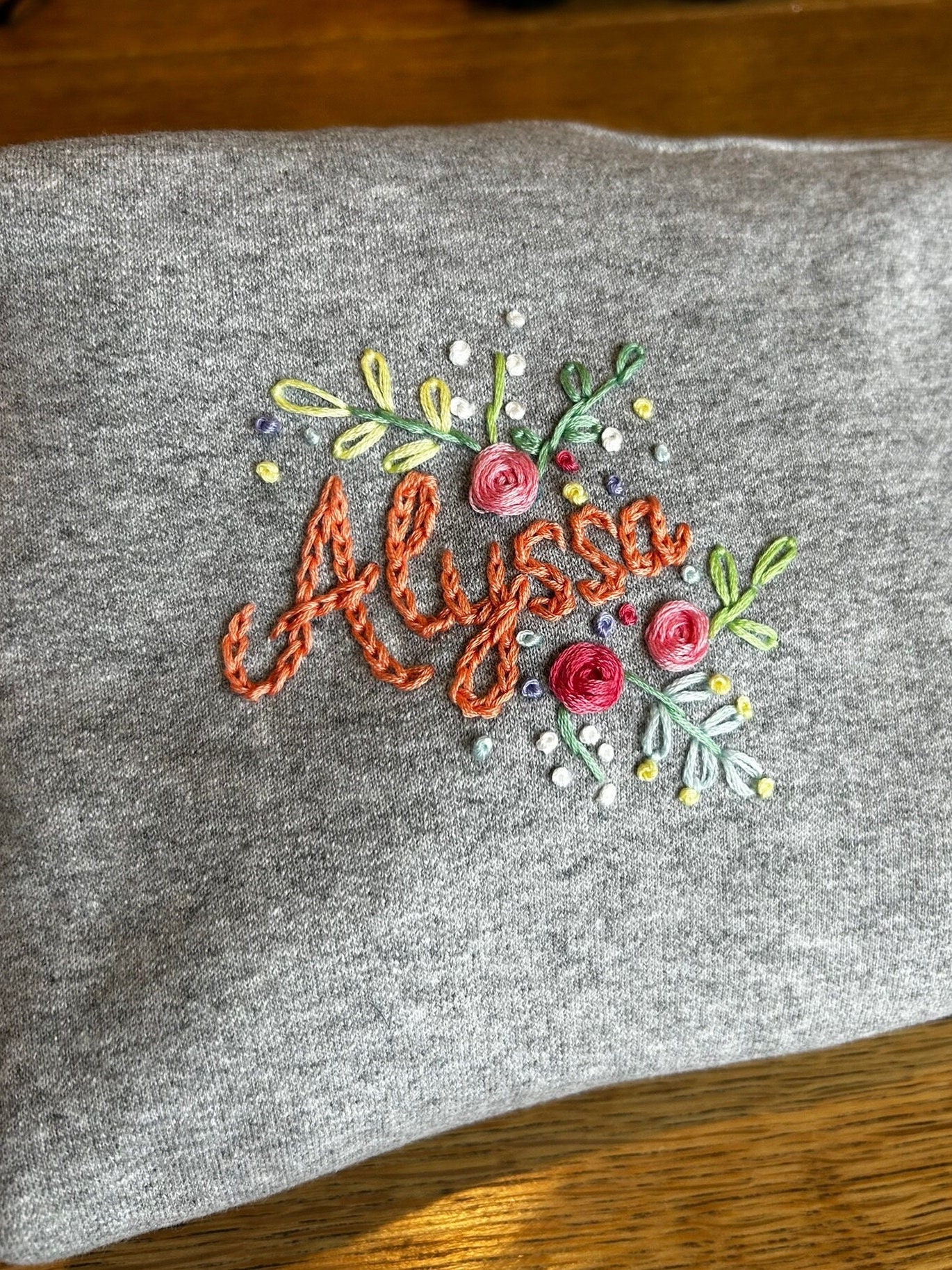 Custom Name Hand Embroidered Crew Neck- Floral Burst - Etsy
