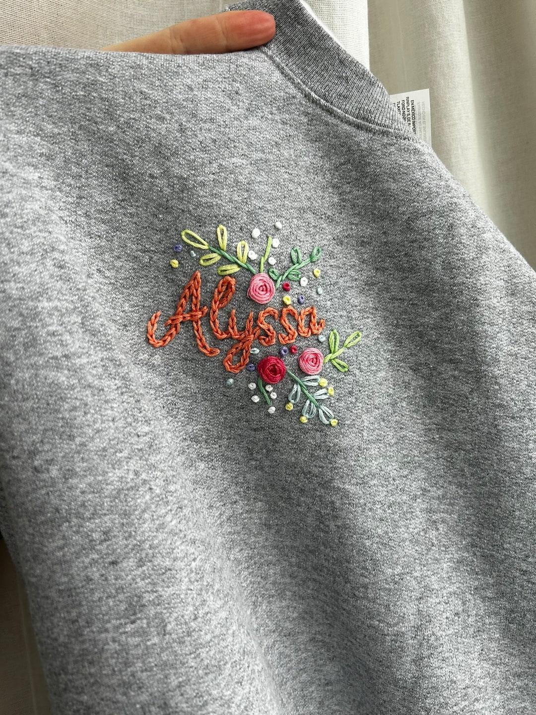 Custom Name Hand Embroidered Crew Neck- Floral Burst - Etsy
