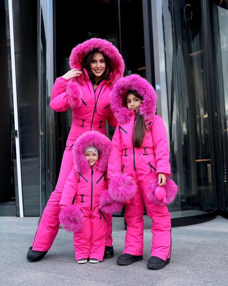 Women and Kids Frost-resistant Ski Jumpsuit With Arctic Fox Fur Luxury ...